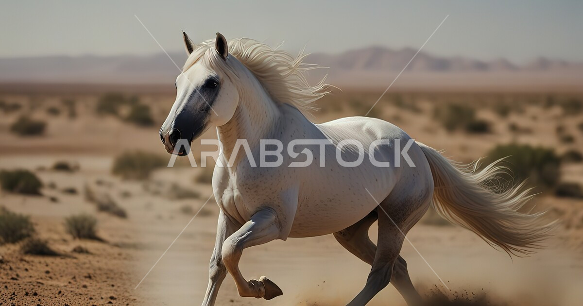 فرس عربي أبيض أصيل يركض فوق الرمال الذهبية الناعمة، مزارع تربية وتدريب ...