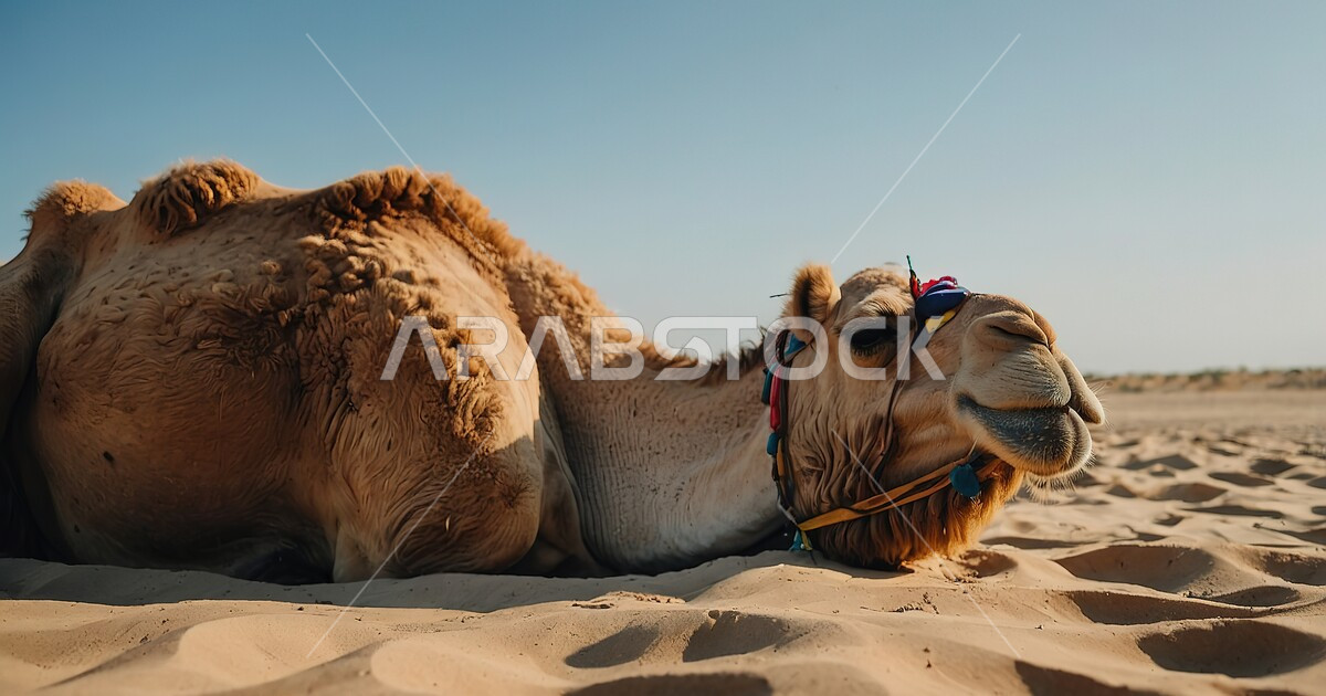 Wild natural reserves for caring for camels, a close-up of a sleeping ...