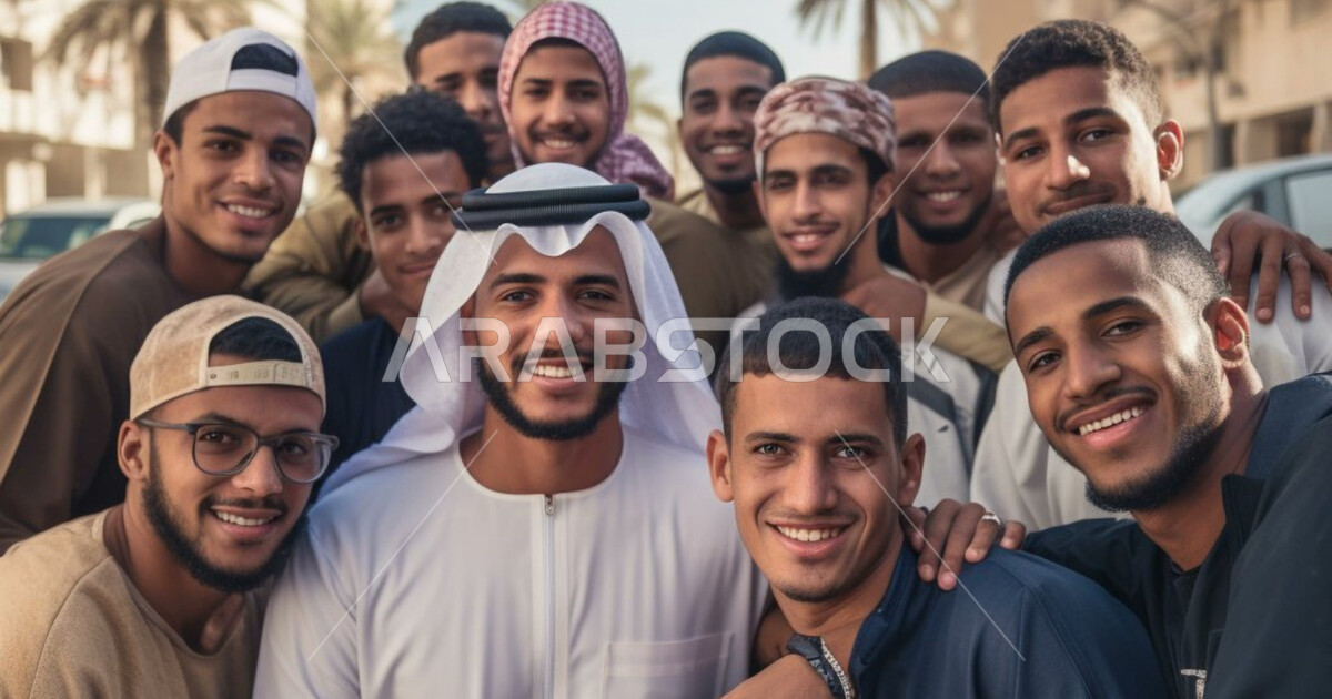 A group of Saudi Gulf Arab youth wearing traditional thobes, taking ...
