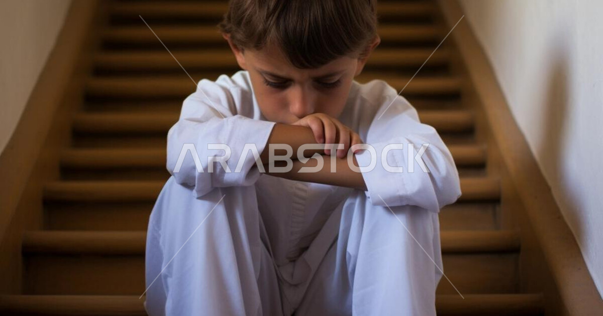 Childhood problems, a Saudi Arabian Gulf boy sitting on the stairs with ...