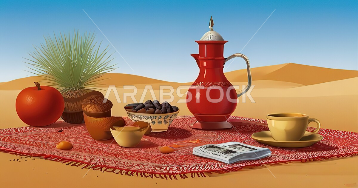 طبق من حبات التمر الخليجي الشهي، الاستمتاع بالمشروبات الساخنة، منتجات محلية وطنية، صورة مقربة ...