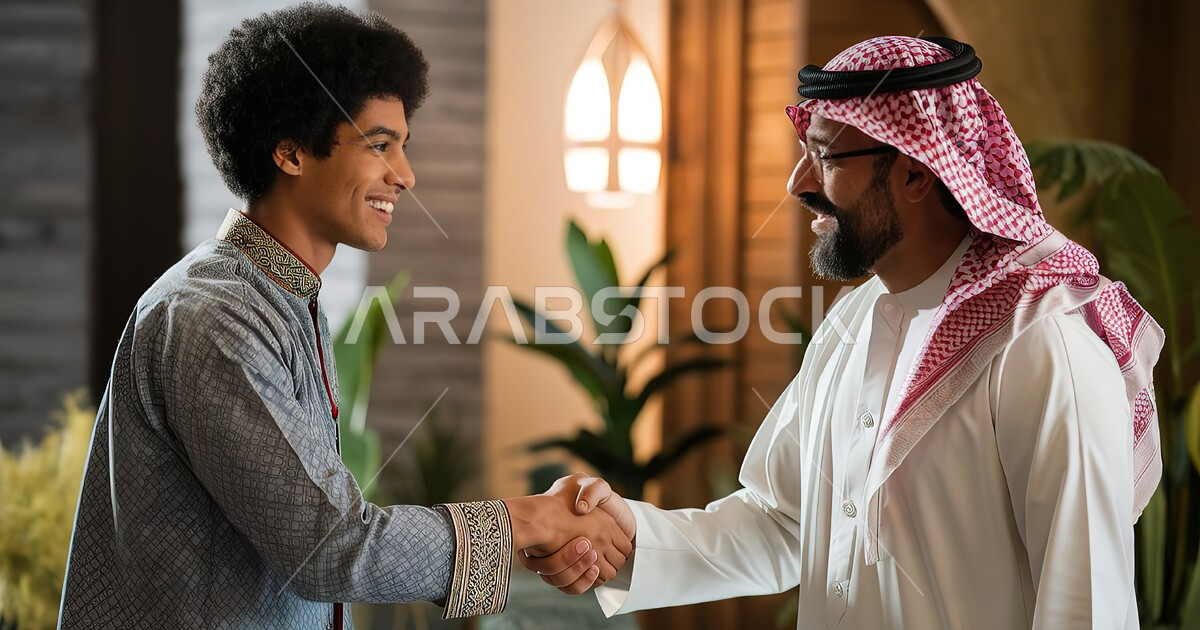 Greeting and greetings, a Saudi Gulf Arab man wearing a shemagh and ...