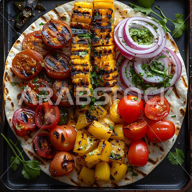 A group of fresh vegetables grilled on tortilla bread, oriental Arabic ...