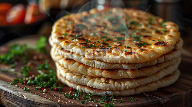 Loaves of traditional Arabic bread (pita), bread rolled out in the ...