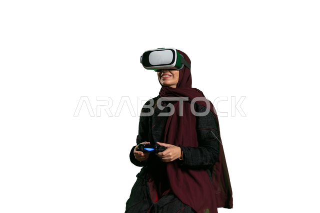 Chroma, a Saudi Arabian Gulf woman spending leisure time, wearing a VR ...