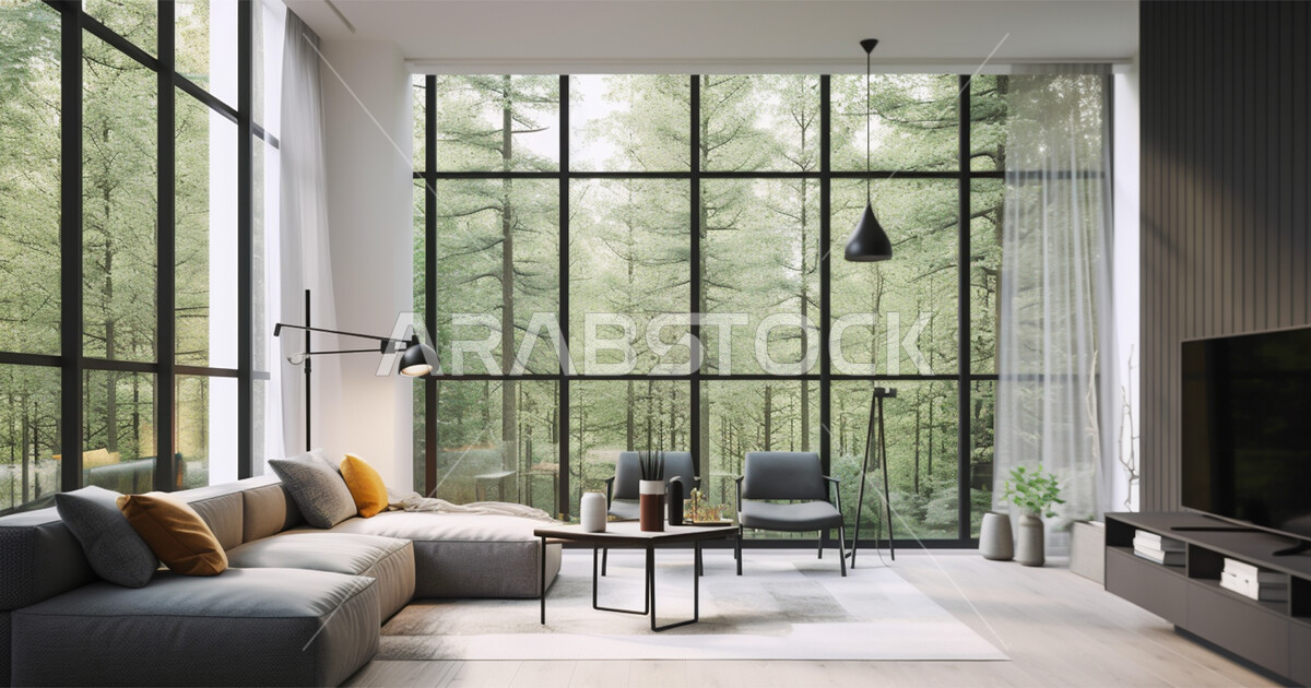 غرفة معيشة بتصاميم عصرية، شقق سكنية فاخرة، ديكور داخلي مع النوافذ الزجاجيه، غرفه جلوس وأثاث ...