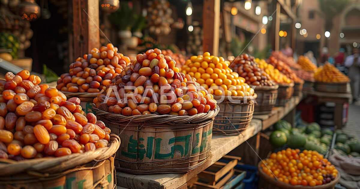 سلل القش المليئة بأنواع التمور الصحية الطازجة، وجبة ذات قيمة غذائية عالية، ضيافة رمضانية لذيذة ...