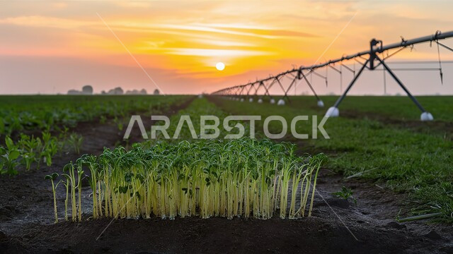 Modern irrigation system, working to increase plant production, mustard ...