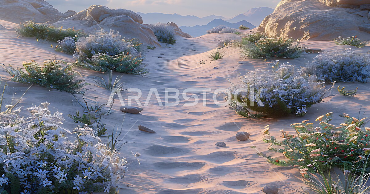 الرمال الذهبية الناعمة والكثبان في الصحراء، نمو النباتات في البراري في ...