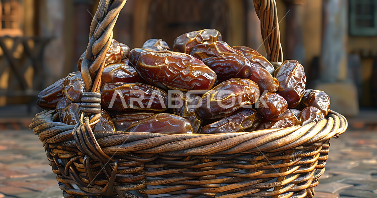 وجبة ذات قيمة غذائية عالية، تمر سكري صحي طازج، سلة مصنوعة من القش مليئة ...