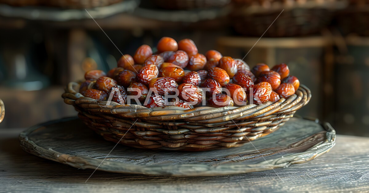 تمر سكري صحي طازج، وجبة ذات قيمة غذائية عالية، سلة مصنوعة من القش مليئة ...