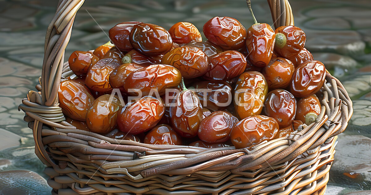 وجبة ذات قيمة غذائية عالية، تمر سكري صحي طازج، سلة مصنوعة من القش مليئة ...