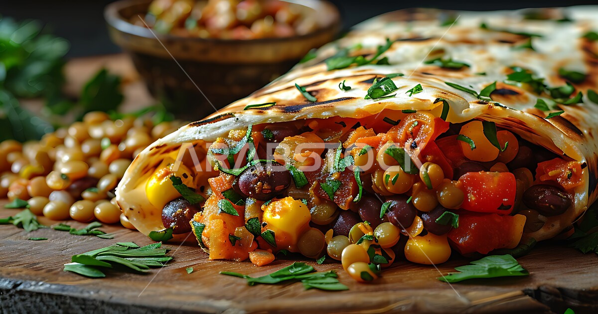 وجبات طعام الصحية اللذيذة، خبز التورتيلا النباتي المحشو بالخضار المشوية ...