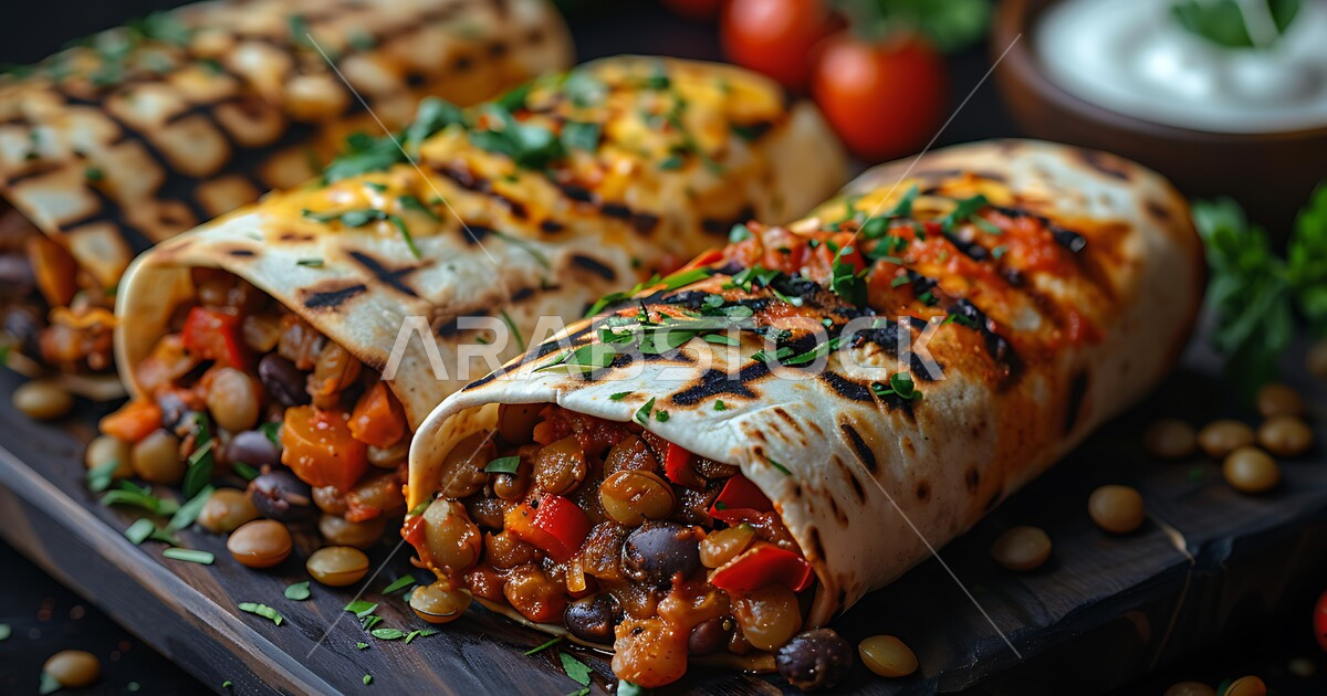 خبز التورتيلا النباتي المحشو بالخضار المشوية والعدس، وجبات طعام الصحية ...