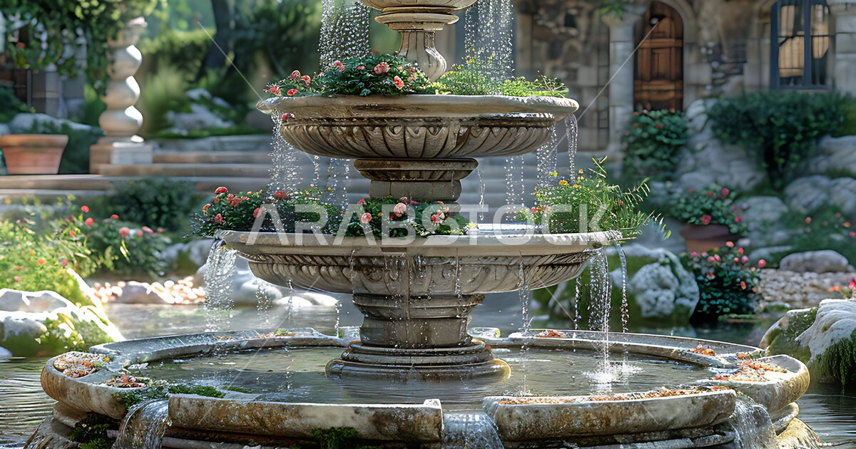 مفهوم الهدوء والاسترخاء، نافورة مياه حجرية بتفاصيل وزخارف جبسيه، فناء ...