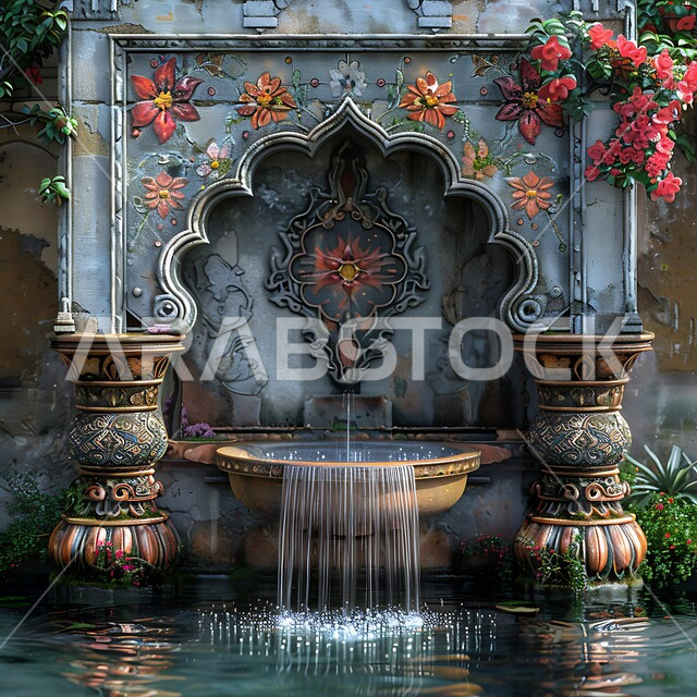 فناء بيت عتيق تراثي في المملكة العربية السعودية، نافورة مياه حجرية ...