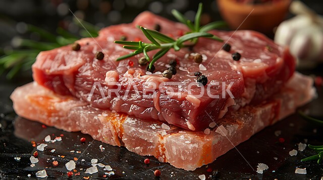 Fresh raw meat on a pink marble top, healthy produce and food items ...