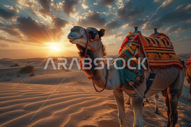 Soft golden sand, a close-up of a camel moving in the deserts of the Kingdom of Saudi Arabia, a ...