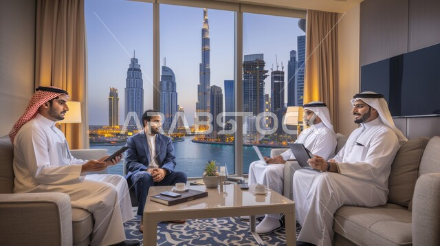 Saudi Gulf Arab businessmen using a laptop in a business meeting ...