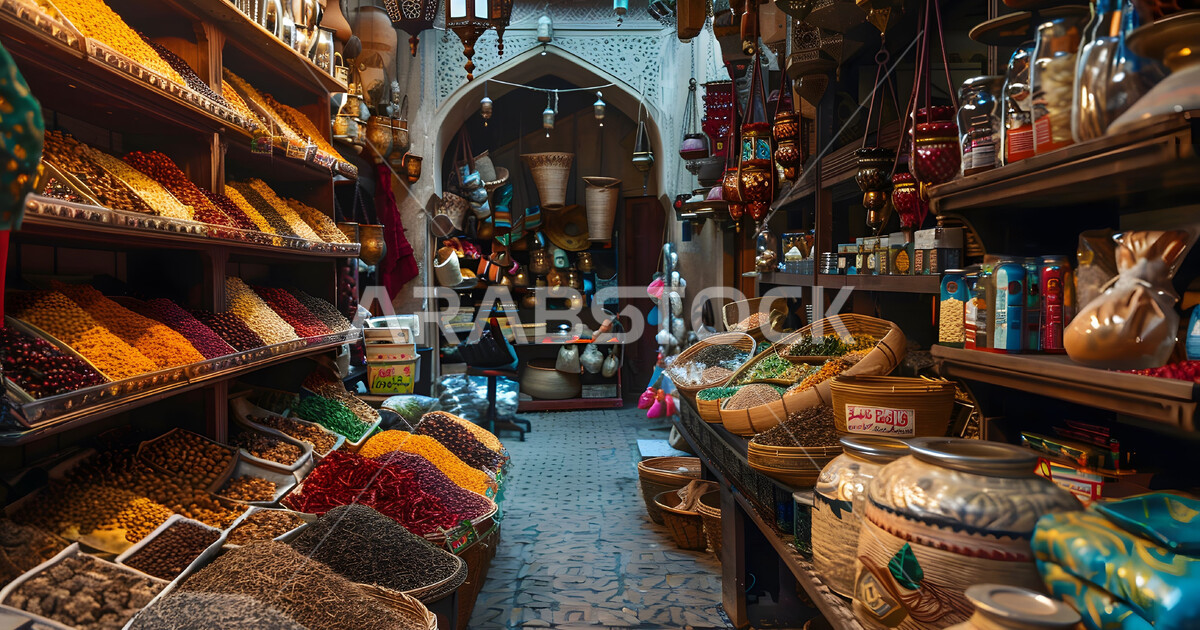 سوق تقليدي شعبي لبيع البهارات والعطريات ، ملونات ومنكهات طبيعية للمأكولات والأطعمة, محاصيل ...