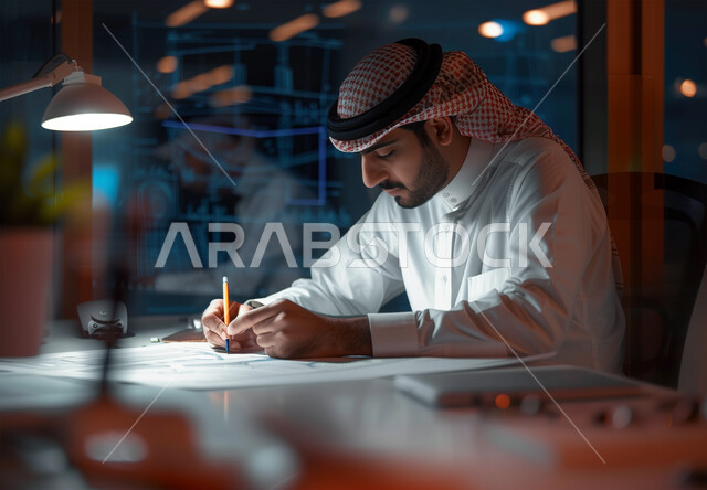 Comparing the results and taking notes, a Saudi Gulf Arab employee ...