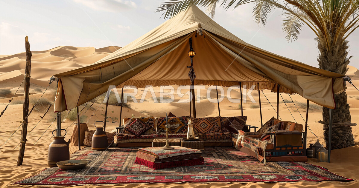 A popular Bedouin tent in the middle of the desert, camping in the ...