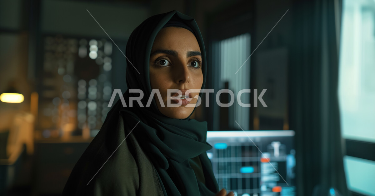 Receiving shocking news, a portrait of a veiled Saudi Arabian Gulf ...