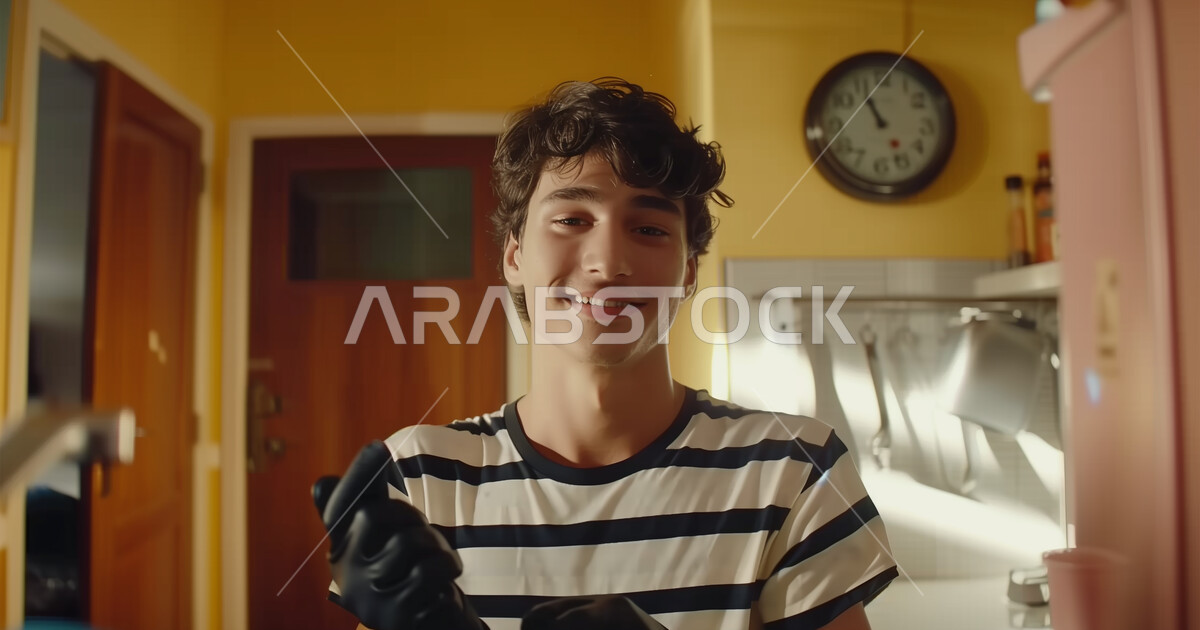 إيماءات السعادة والسرور، شاب وسيم عربي خليجي سعودي يرتدي الزي الكاجوال ...