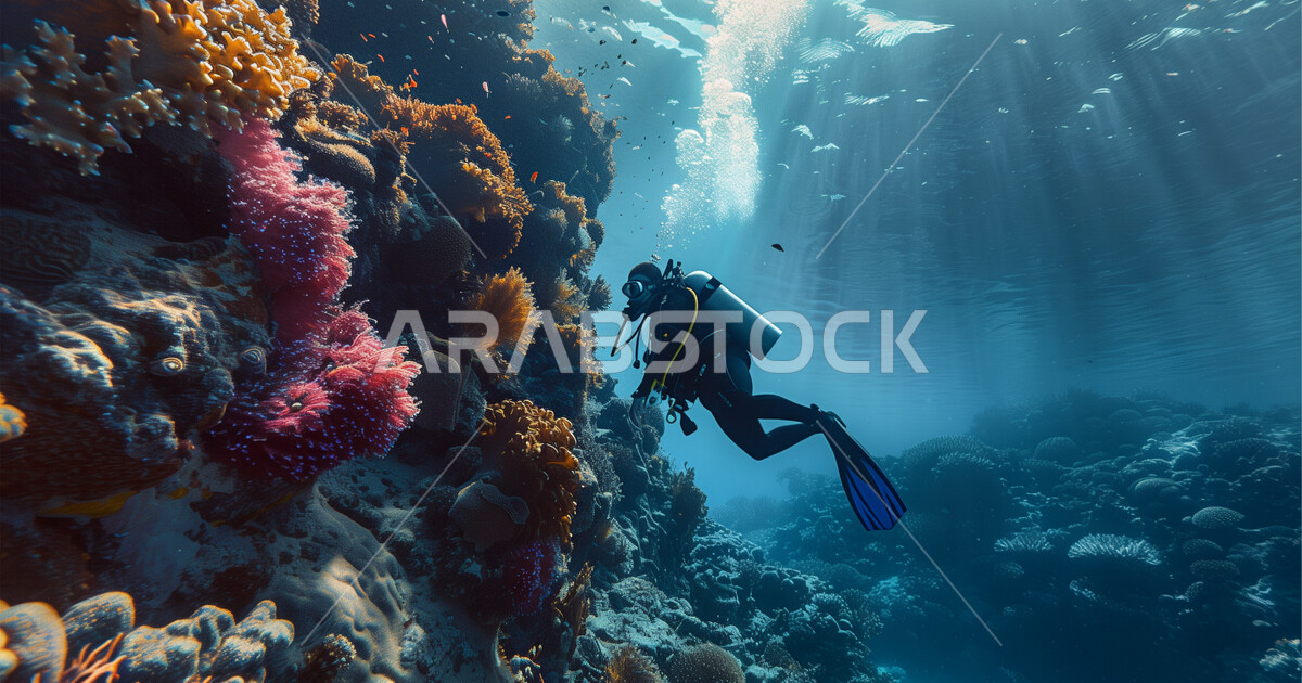 Exploring aquatic nature, a Saudi Gulf Arab man diving in the depths of ...
