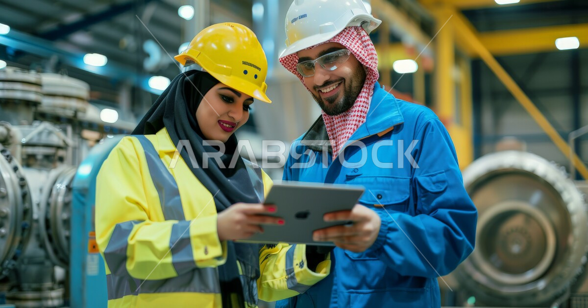 مفهوم المساواة بين الرجل والمرأة، مهندسان مصانع عربيان خليجيان سعوديان يرتديان سترة وخوذة ...