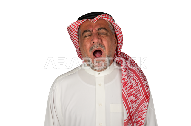 Portrait of an old man from a Saudi Arabian Gulf who yawns with facial ...