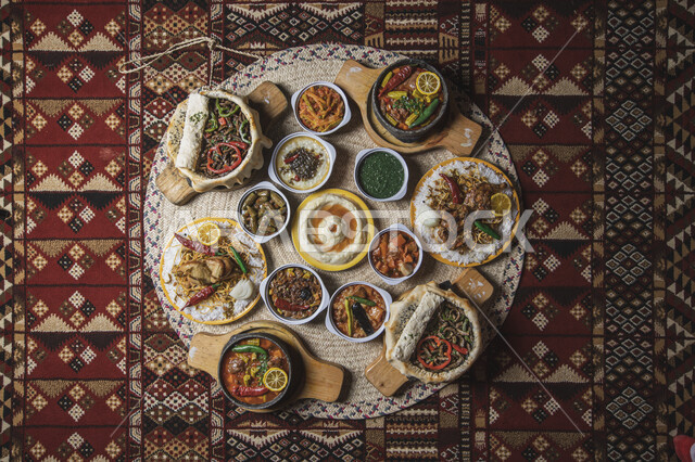 Types of oriental Arab foods, a picture from the top of a table full of ...