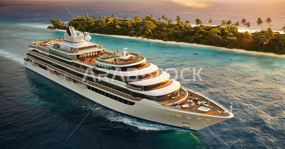 منظر السماء في وقت غروب الشمس، سفينة سياحية في وسط البحر، أماكن جذب ...