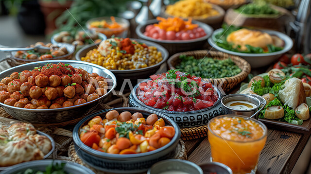 A varied healthy morning breakfast, distinct serving methods, meals ...