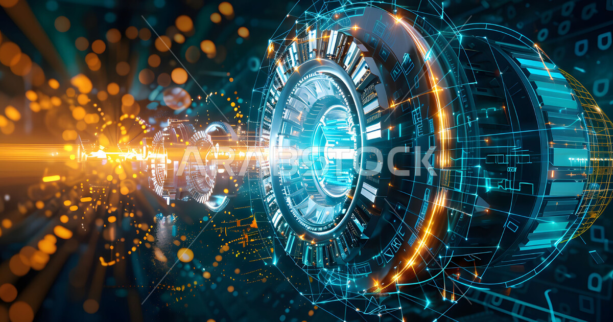 A three-dimensional illustration of an advanced jet engine, huge ...