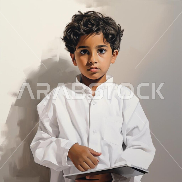 To look at the camera, a portrait of a Saudi Gulf Arab child wearing ...