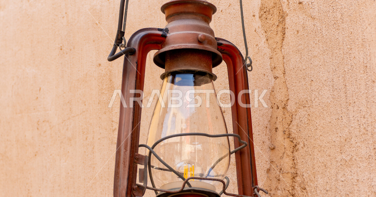 Traditional Arabic folk lamp, Al Seef heritage area in Dubai, metal ...
