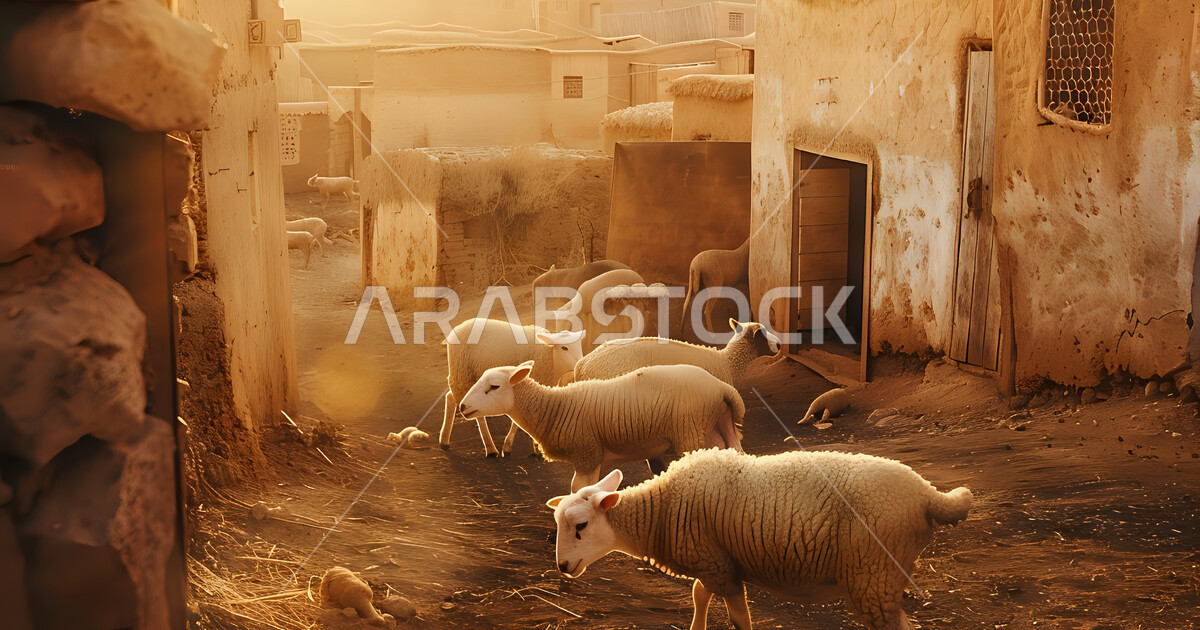 مجموعة من الأغنام في قرية ريفية نائية، الابنية والمنازل القديمة، تربية المواشي والحيوانات، قربان ...
