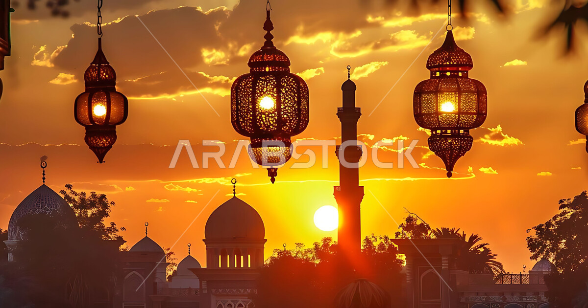 A peaceful Ramadan spiritual atmosphere, silhouettes of illuminated ...