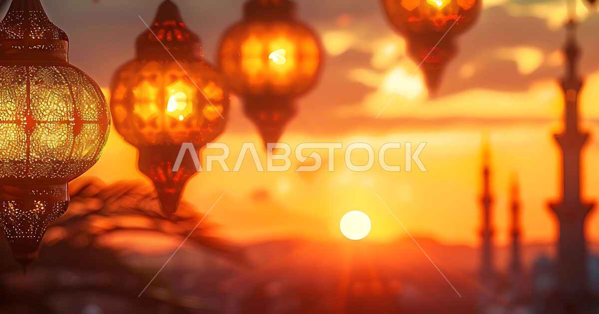 البهجة والفرح بقدوم شهر الخير، صورة ظلية للمصابيح المضيئة أثناء غروب الشمس, ديكورات وزينة رمضان ...