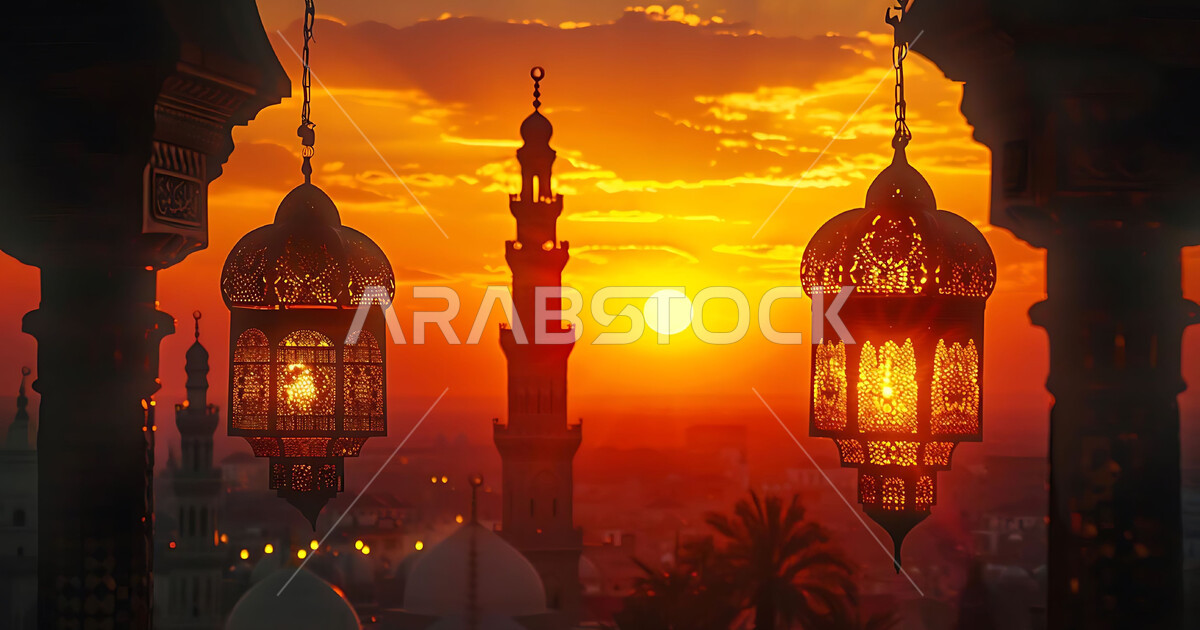 البهجة والفرح بقدوم شهر الخير، صورة ظلية للمصابيح المضيئة أثناء غروب الشمس, ديكورات وزينة رمضان ...