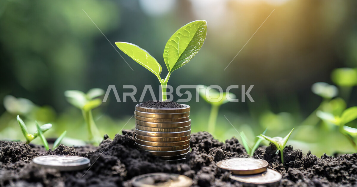 نبتة صغيرة في تربتها الخصبة، صورة مقربة لمجموعة من العملات المعدنية بين ...
