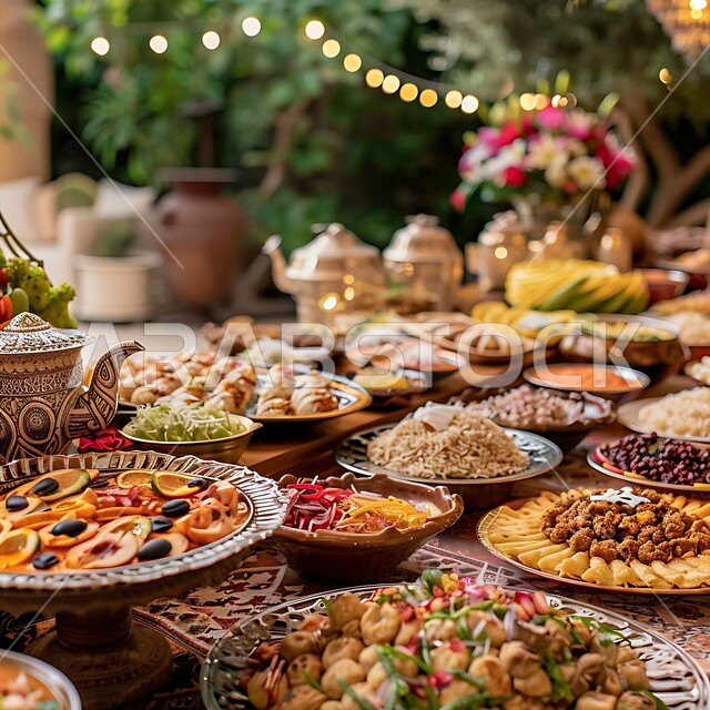 Delicious oriental Arabic appetizers, dishes and dishes, a dining table ...