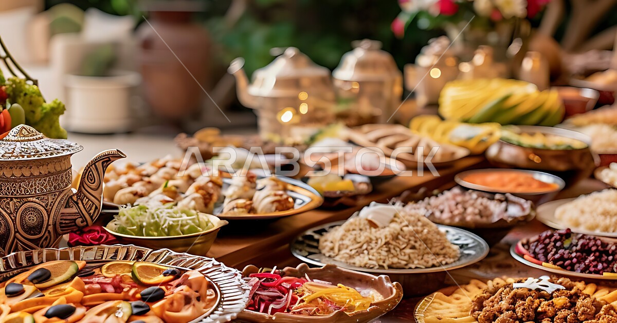 Delicious oriental Arabic appetizers, dishes and dishes, a dining table ...
