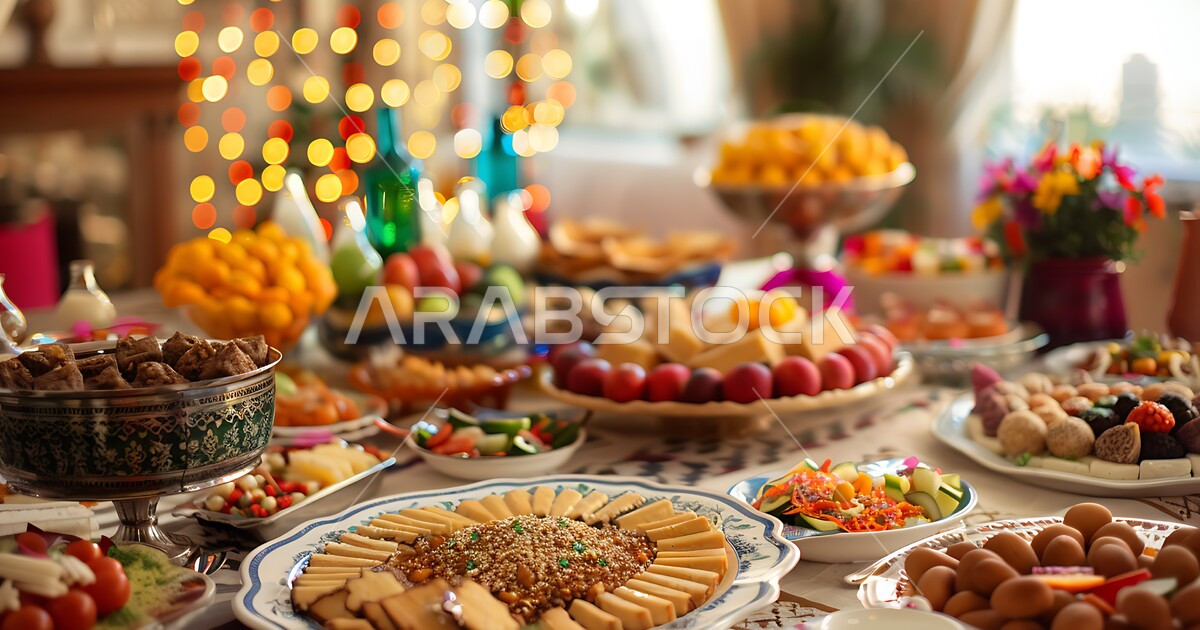 Delicious oriental Arabic appetizers, dishes and dishes, a dining table ...