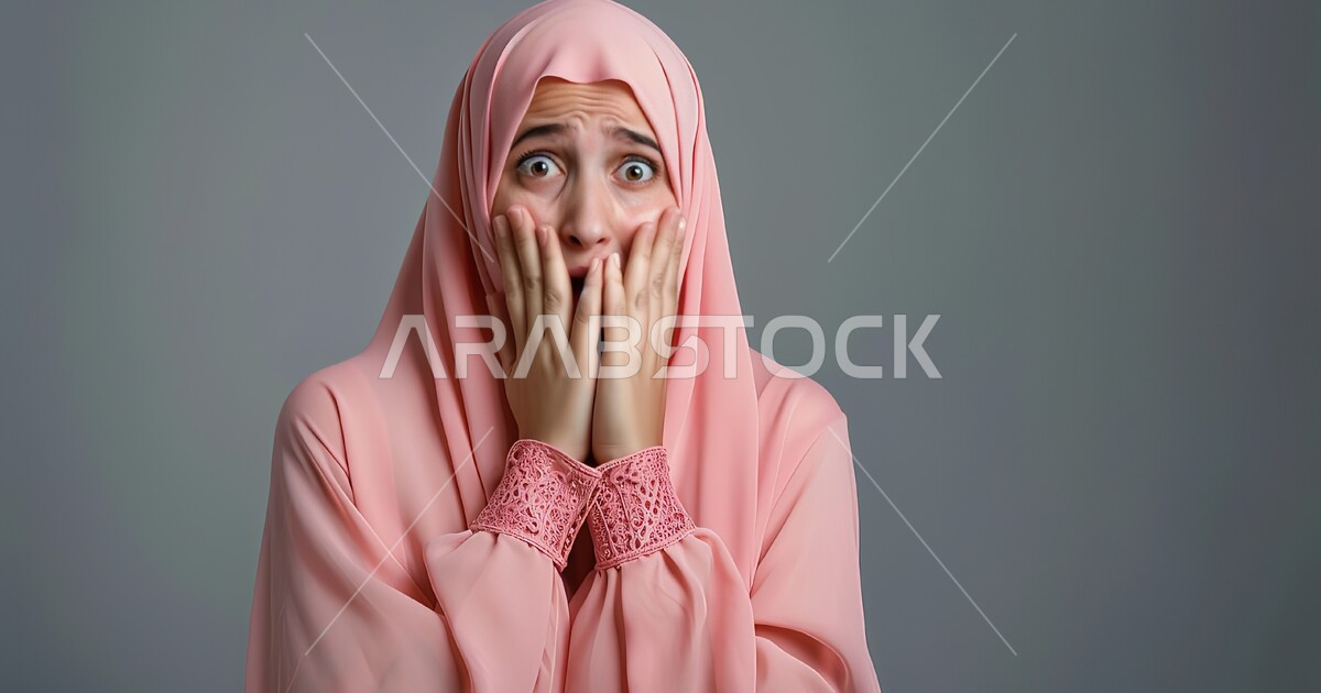 إيماءات الدهشة والخوف، التعجب والصدمة من حصول أمر ما، بورتربه مقرب لامرأة عربية خليجية سعودية ...