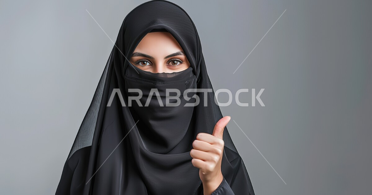 تعابير الإعجاب والرضى، بورتريه مقرب لامرأه عربيه خليجيه سعوديه محجبة ...
