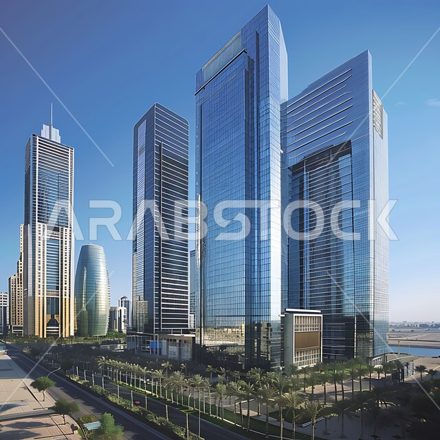 A Saudi business center with huge glass facades, urban progress and ...
