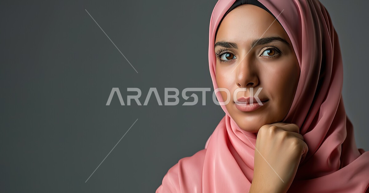 النظر إلى الكاميرا بشكل مباشر, وضع اليد على الذقن, بورتريه لامرأة عربية خليجية سعودية محجبة ...