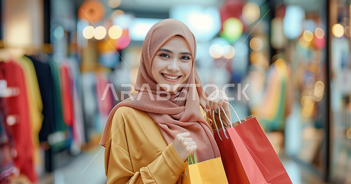 استمتاع النساء في الأسواق, امرأة خليجية سعودية محجبة تتسوق في المركز ...